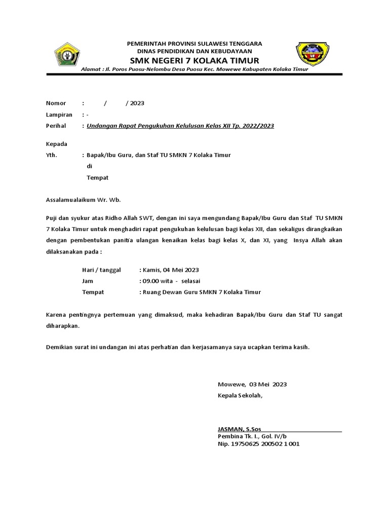 Undangan Rapat Pengukuhan Kelulusan Kelas XII SMKN 7 Koltim | PDF