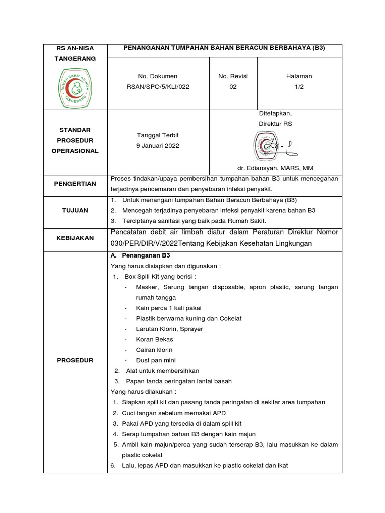 Penanganan Tumpahan Bahan B3 di RS An-Nisa | PDF