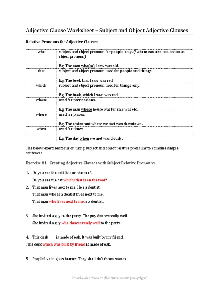 Adjective Clause Worksheet Esl | PDF | Pronoun | Subject (Grammar)