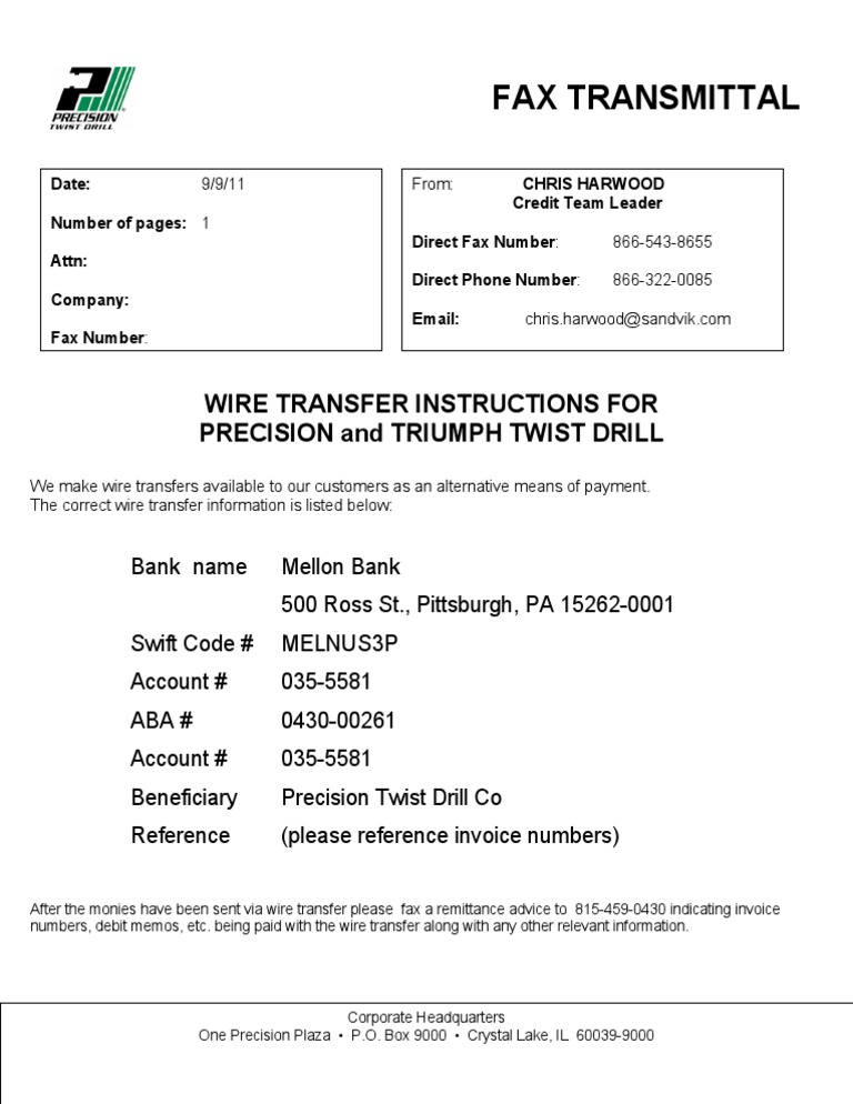 Wire Transfer Instructions for Precision Drill | PDF | Law