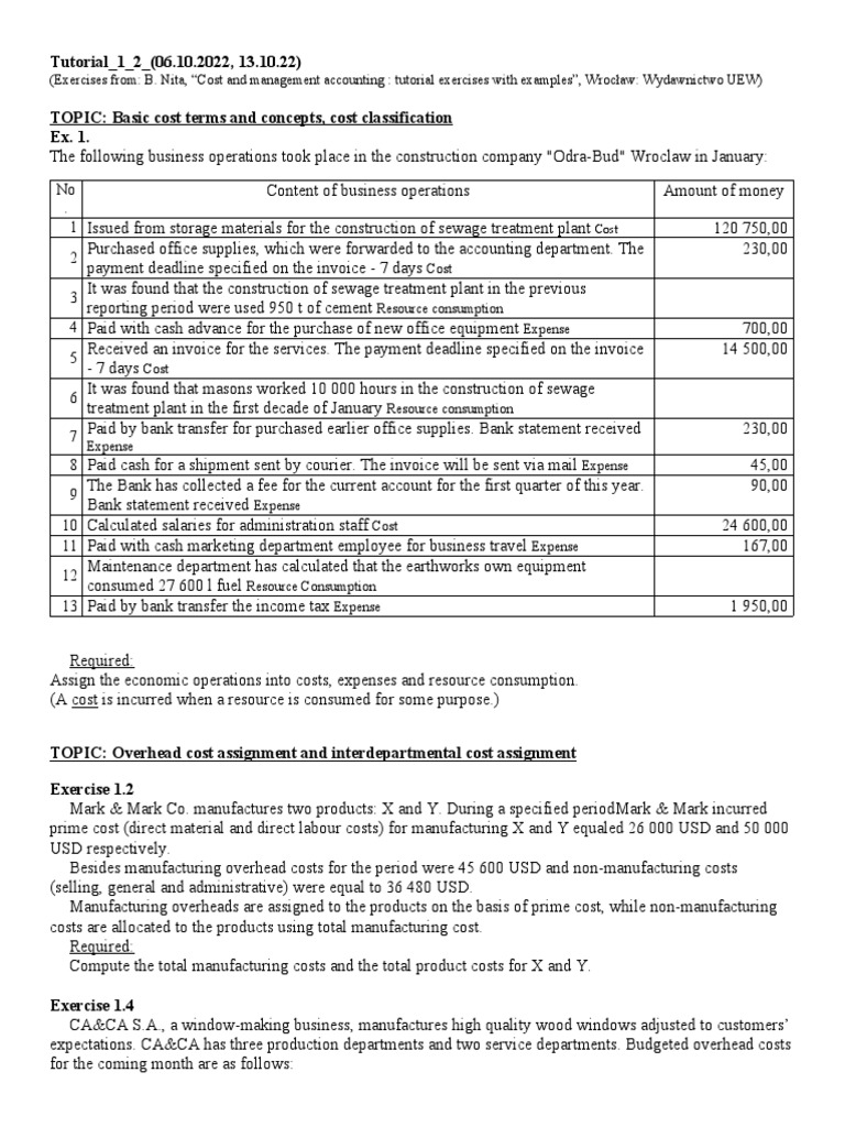 Tutorial - 1 - 2 - (06.10.2022, 13.10.22) TOPIC: Basic Cost Terms and Concepts, Cost ...