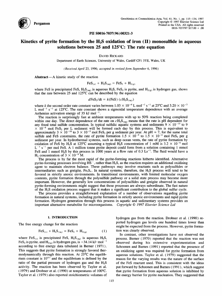 Kinetics of Pyrite Formation by H2S Oxidation of Iron (II) Monosulfide ...
