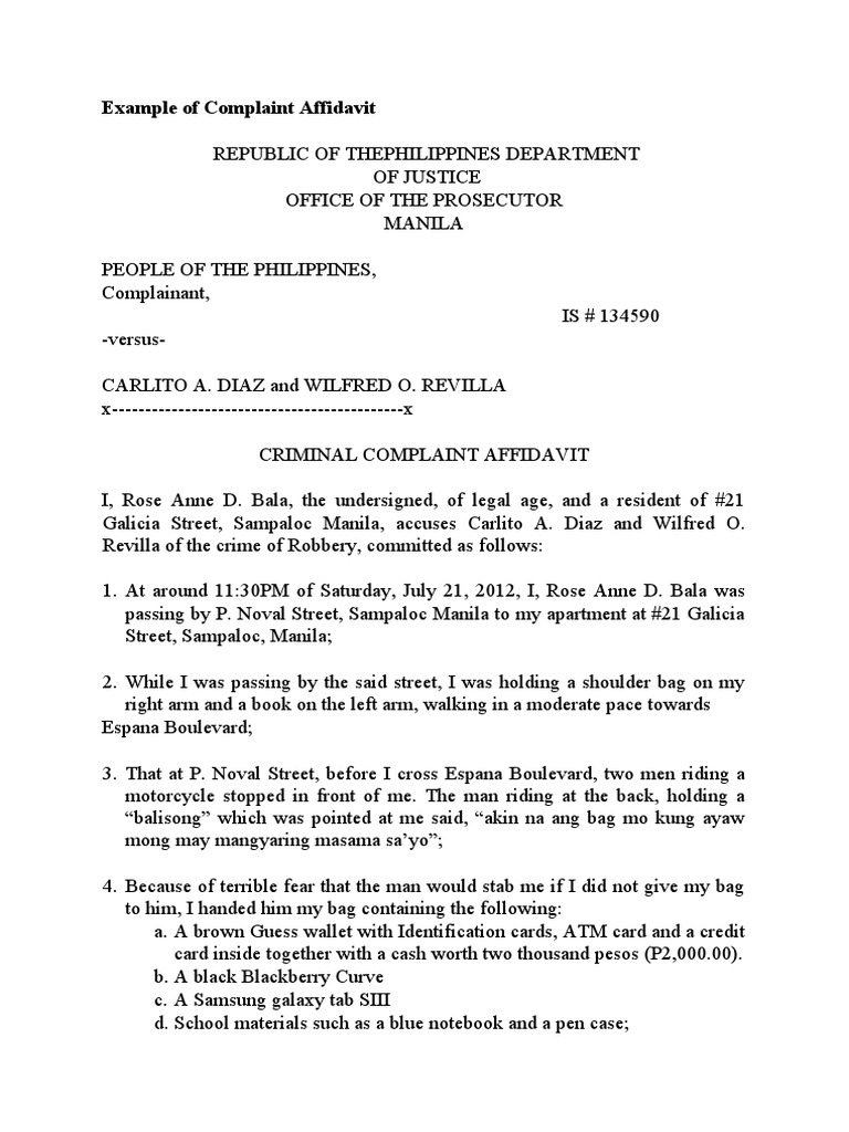 Example of Complaint Affidavit and Desistance | PDF | Common Law ...