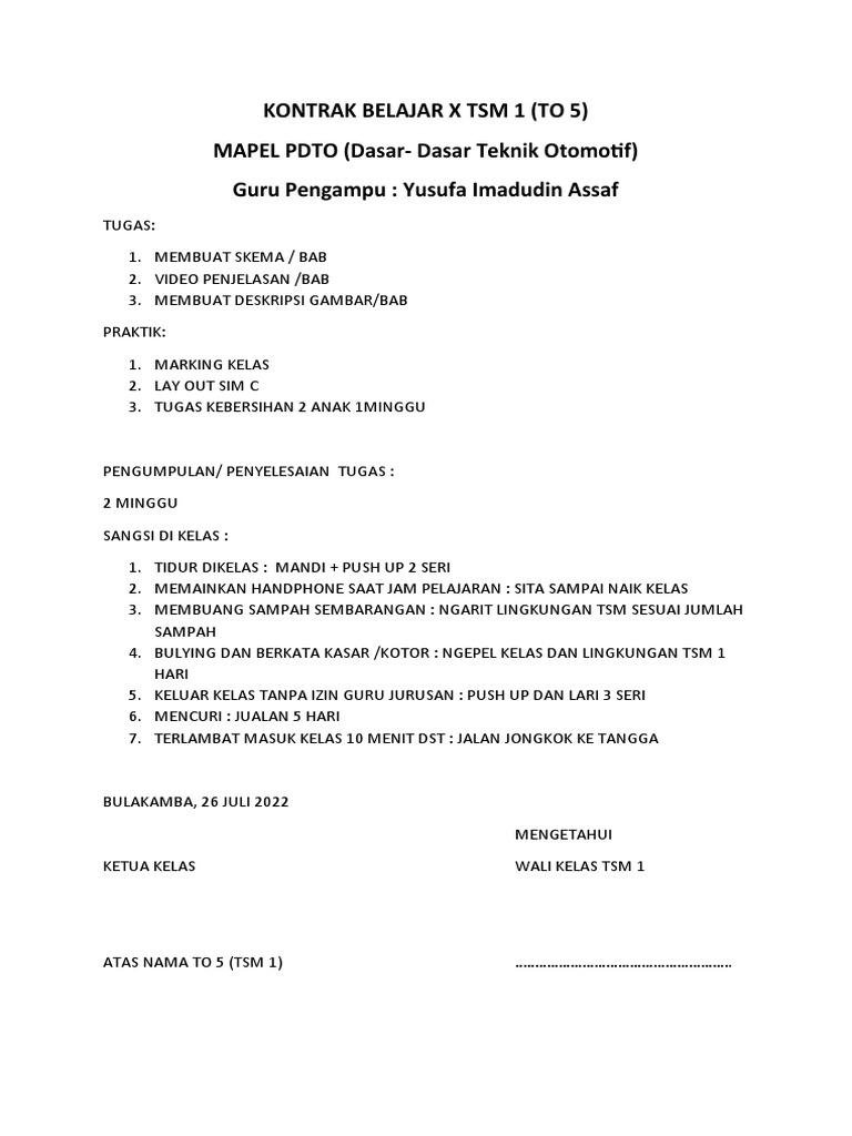 Kontrak Belajar X TSM 2 | PDF | Karier & Perkembangan | Metode & Bahan Ajar