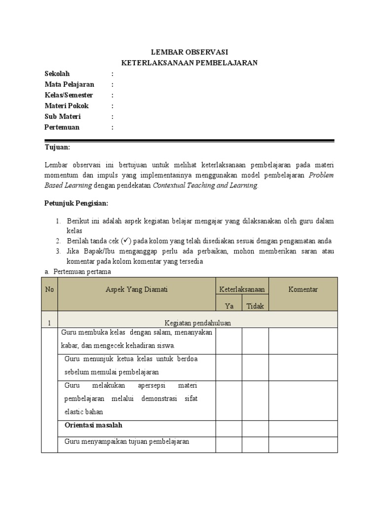Lembar Observasi Keterlaksanaan Pembelajaran | PDF