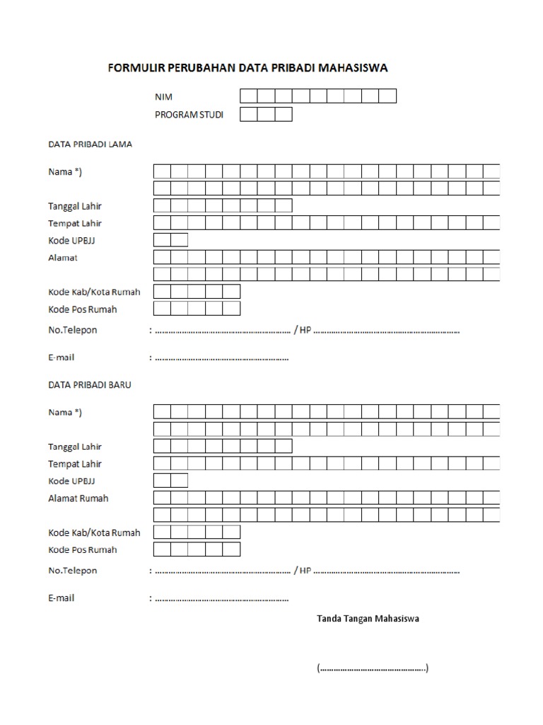 Formulir Perubahan Data Pribadi Mahasiswa Universitas Terbuka PDF | PDF