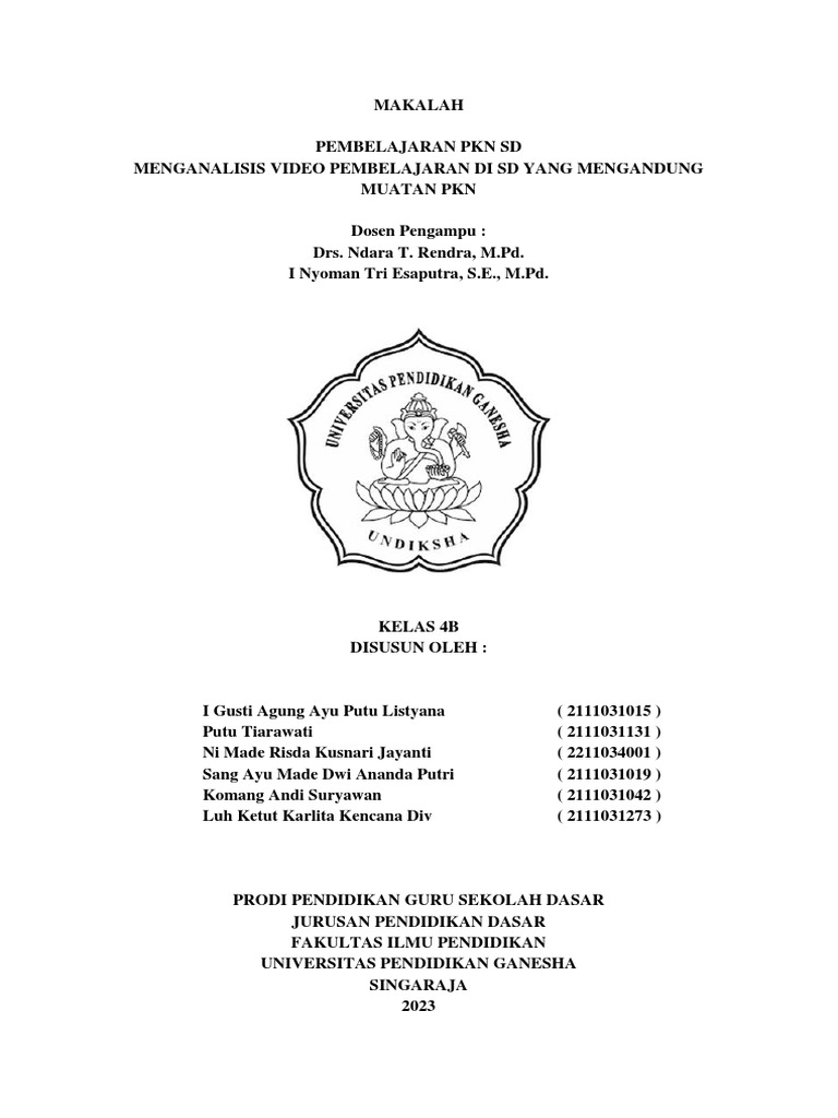 MAKALAH PKN - Menganalisis Video Pembelajaran PKN Di SD Kelas 1 | PDF
