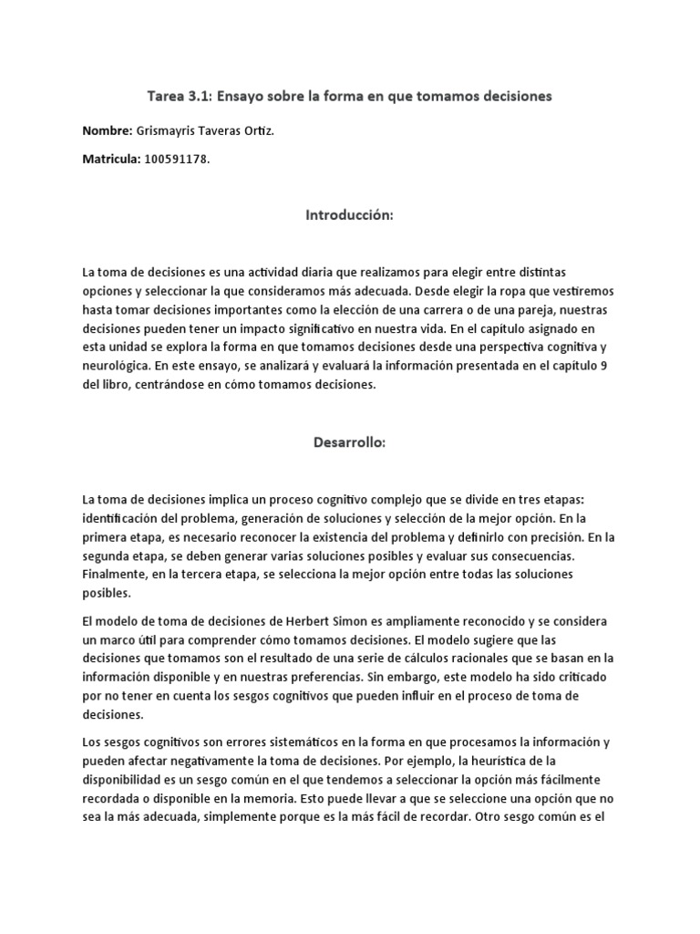 Ensayo sobre la forma en que tomamos decisiones | PDF | Toma de decisiones | Las emociones