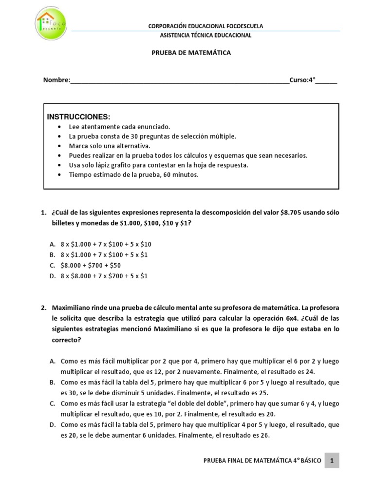 4° BÁSICO_MATEMÁTICA_PRUEBA FINAL 2019 | PDF | Multiplicación | Matemáticas