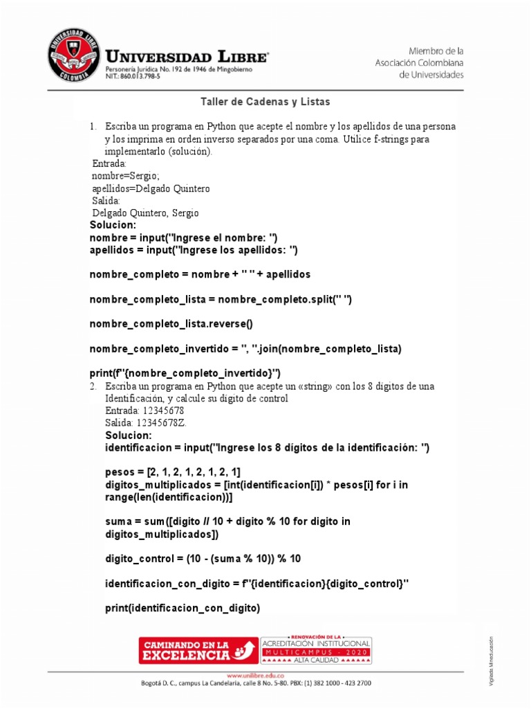 Taller Cadenas y Listas.docx2 | PDF | Python (lenguaje de programación) | Matriz (Matemáticas)