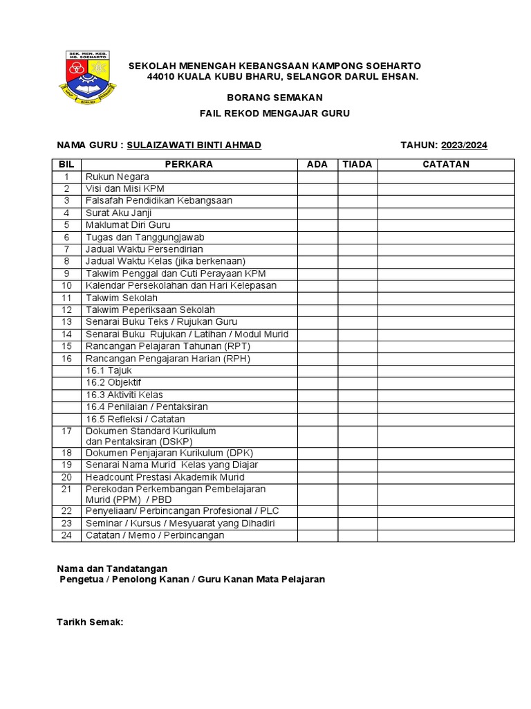 A. Borang Semakan Fail Rekod Mengajar 2021 | PDF