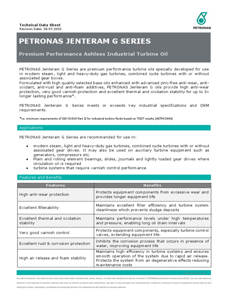 Petronas Jenteram G 32 TDS en 2020 | PDF | Gas Turbine | Motor Oil