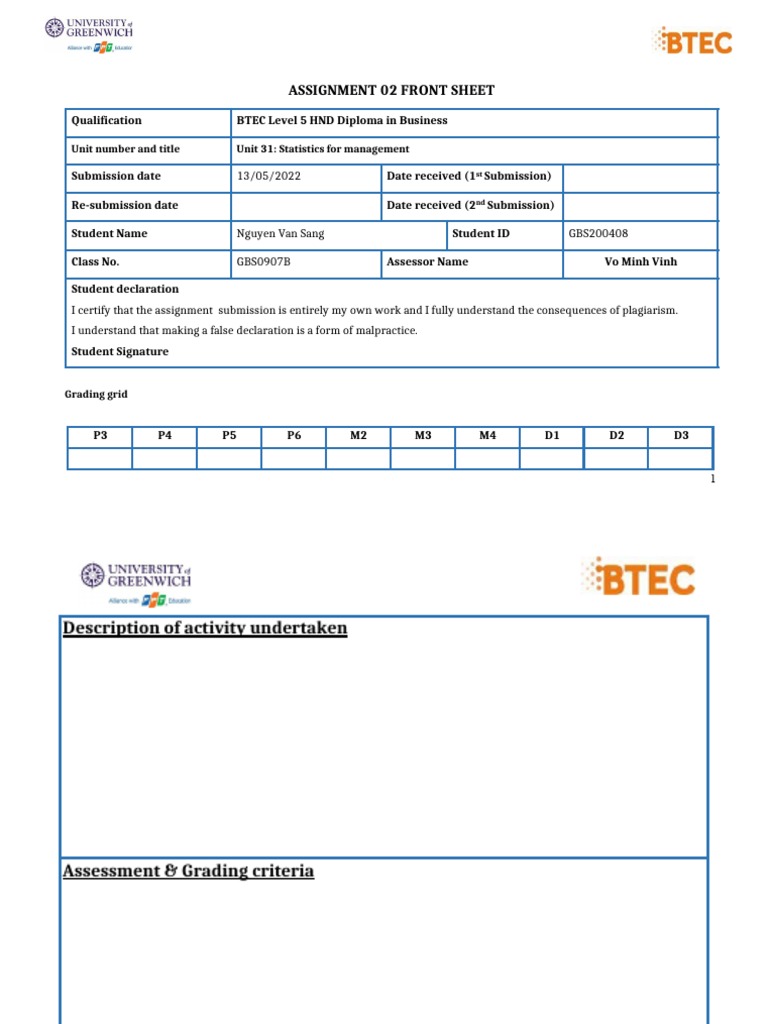 ASM2 - Distinction - NGUYEN VAN SANG - 570 | PDF | Variance | Standard Deviation