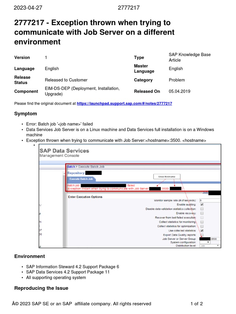 Exception Thrown When Trying To Communicate With Job Server On A Different Environment | PDF ...