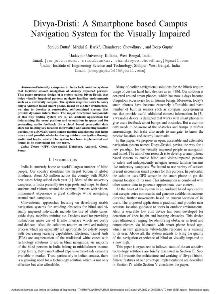 Divya-Dristi A Smartphone Based Campus Navigation System For The Visually Impaired PDF | PDF ...