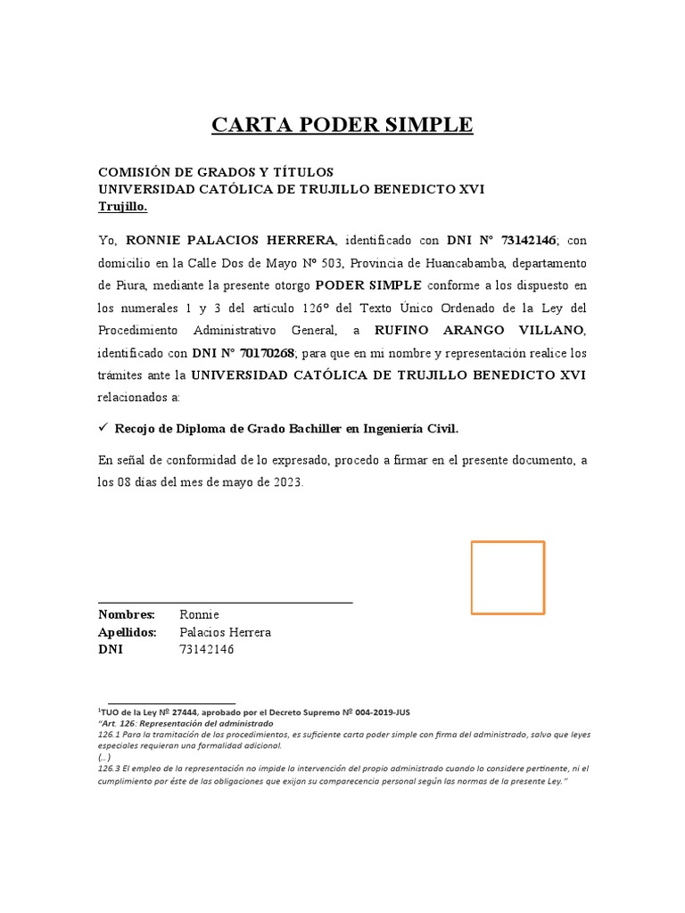 CARTA PODER SIMple Marlon | PDF | Política | Derecho