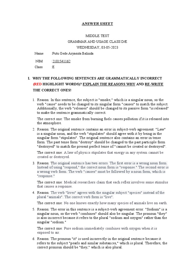 Answer Sheet Template For Middle Test | PDF | Plural | Grammatical Number