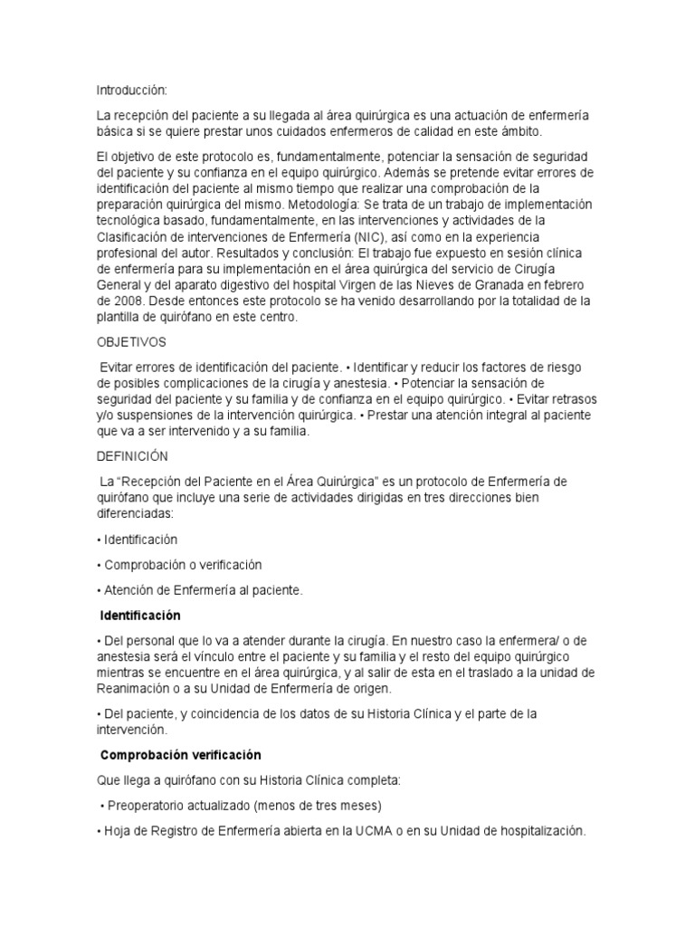 Recepción Paciente Quirófano | PDF | Cirugía | Enfermería