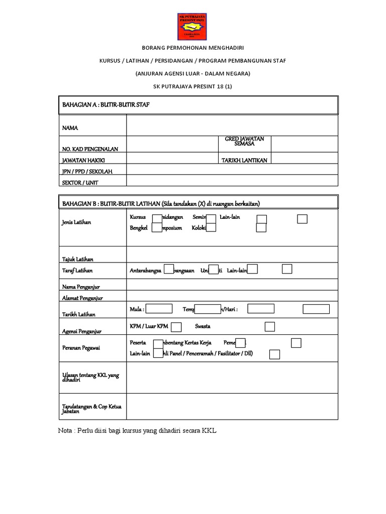 BORANG PERMOHONAN MENGHADIRI Kursus KKL | PDF
