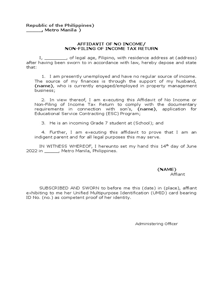 Affidavit of No Income (Template) | PDF