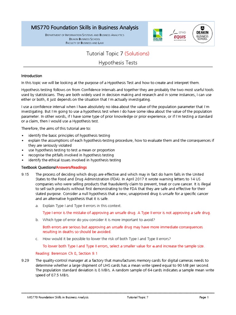 MIS770 Tut Topic 07 Sol PDF | PDF | Statistical Significance | P Value
