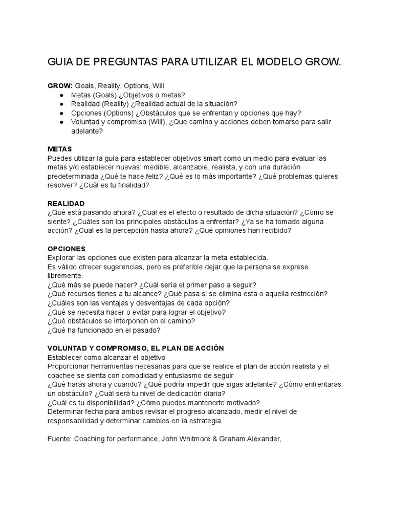 20 Coaching MODELO GROW Guia de Preguntas | PDF
