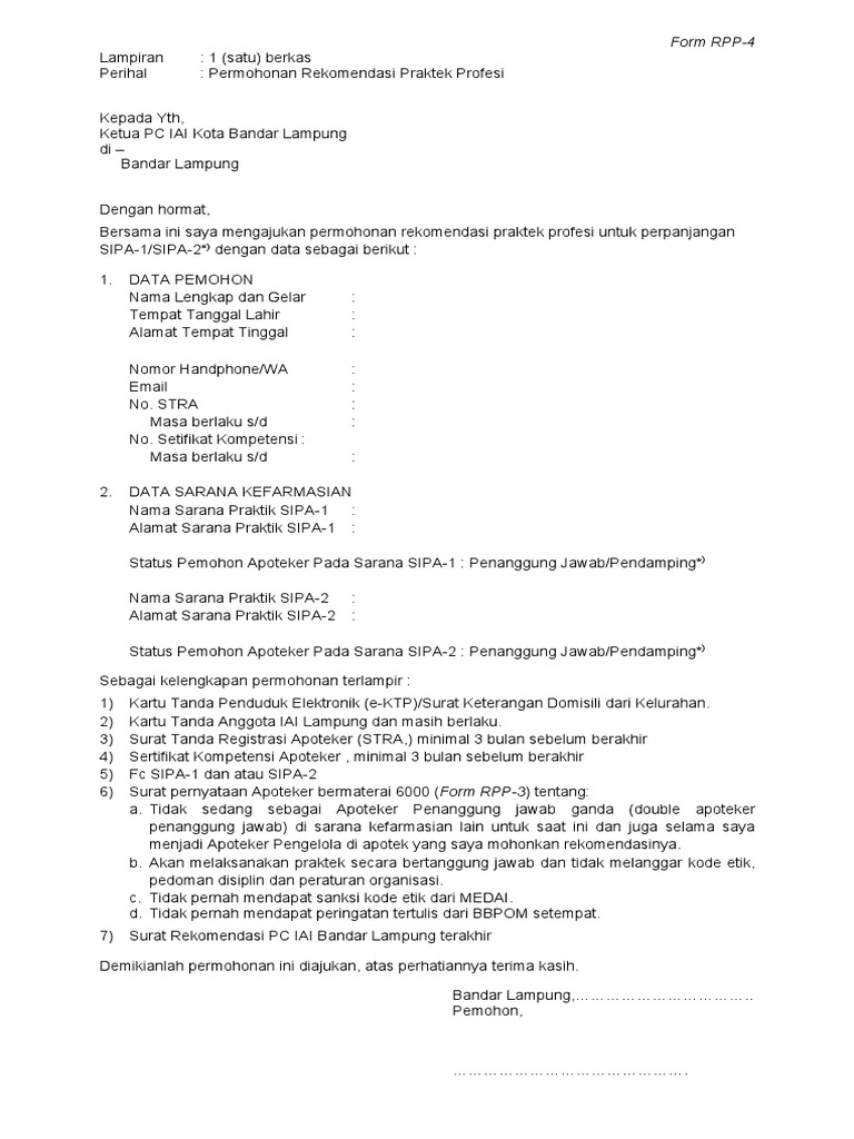 Form Surat Permohonan Rekomendasi Perpanjang SIPA | PDF