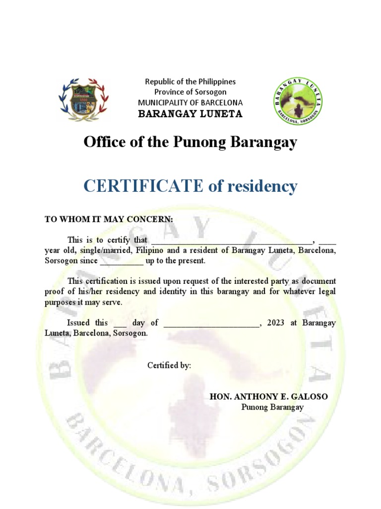 Cert of Residency | PDF