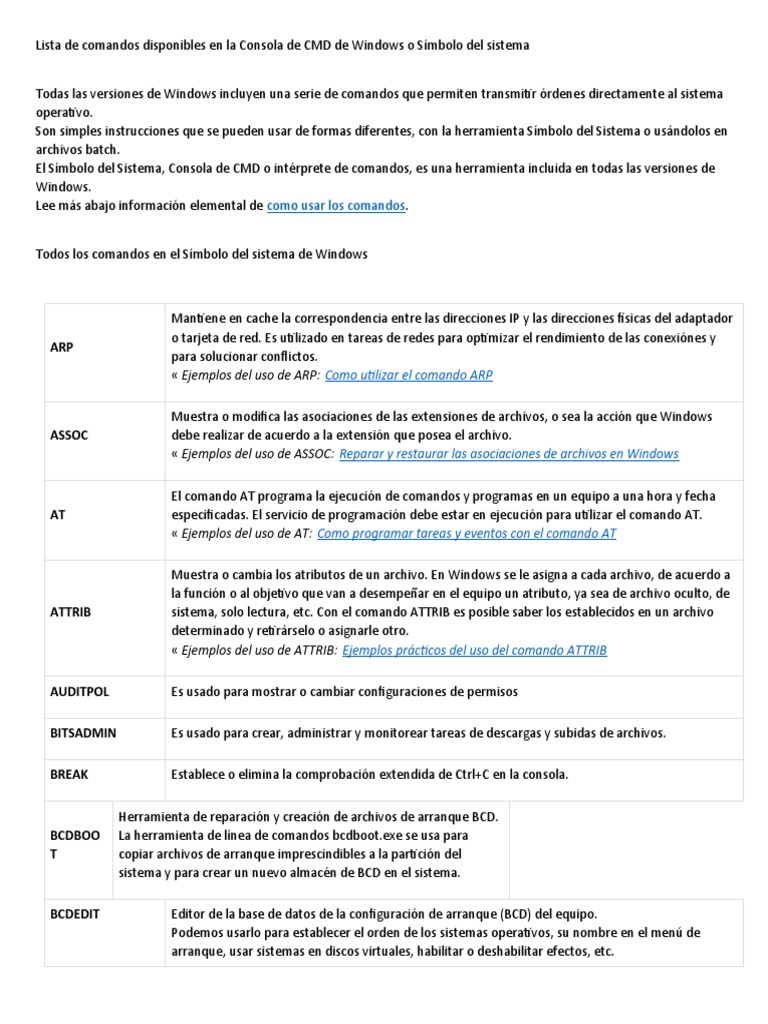 Lista de Comandos Disponibles en La Consola de CMD de Windows o Símbolo ... Lista de Comandos Disponibles en La Consola de CMD de Windows o Símbolo ...