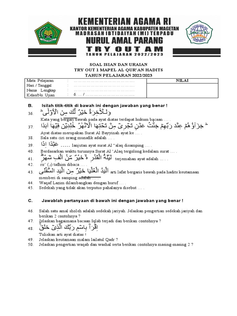 Soal Isian Dan Uraian Tryout Al Quran Hadits 2023 | PDF