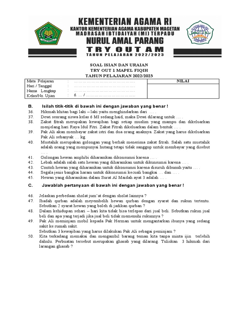 Soal Isian Dan Uraian Tryout1 Fiqih 2023 Pdf