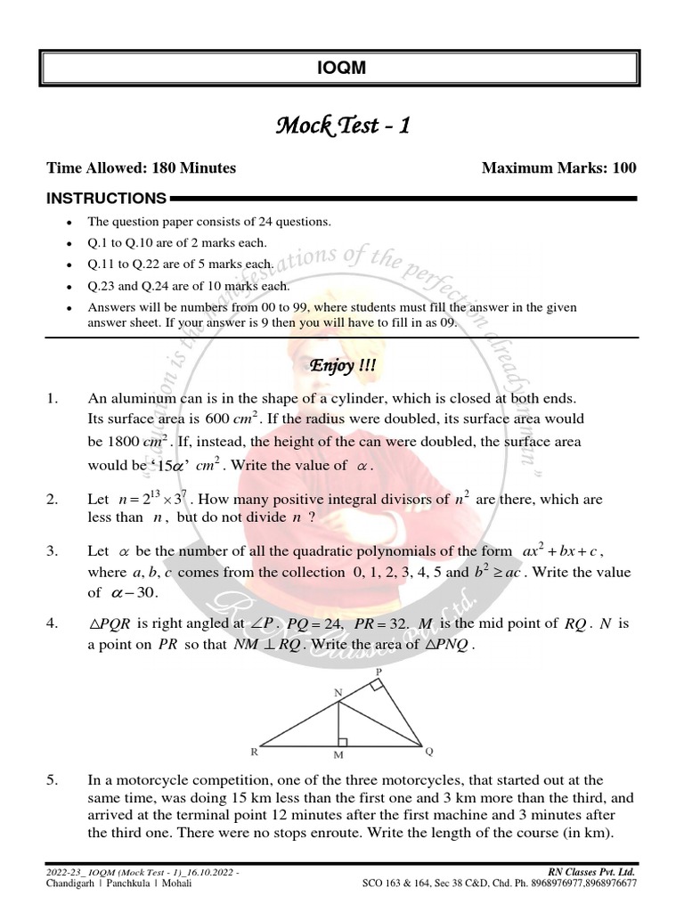 2022-23 IOQM (Mock Test - 1) - 16.10.2022 PDF | PDF | Area | Integer 2022-23 IOQM (Mock Test - 1) - 16.10.2022 PDF | PDF | Area | Integer