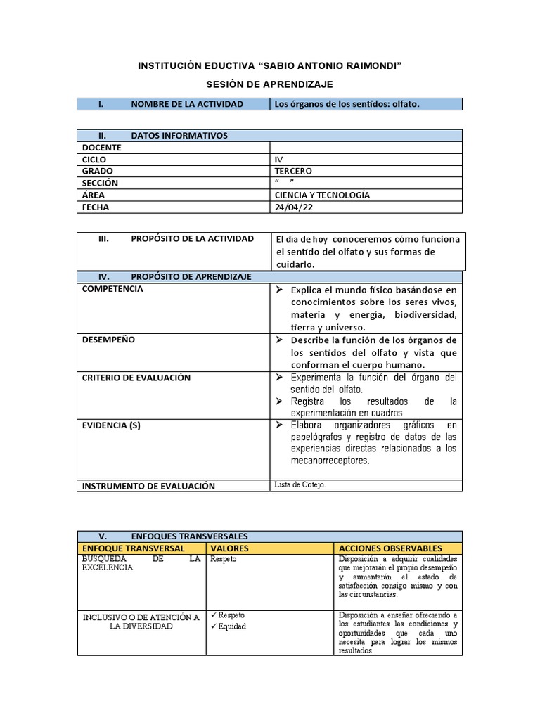 Sesión de Aprendizaje: Sentido del Olfato | PDF | Evaluación | Aprendizaje