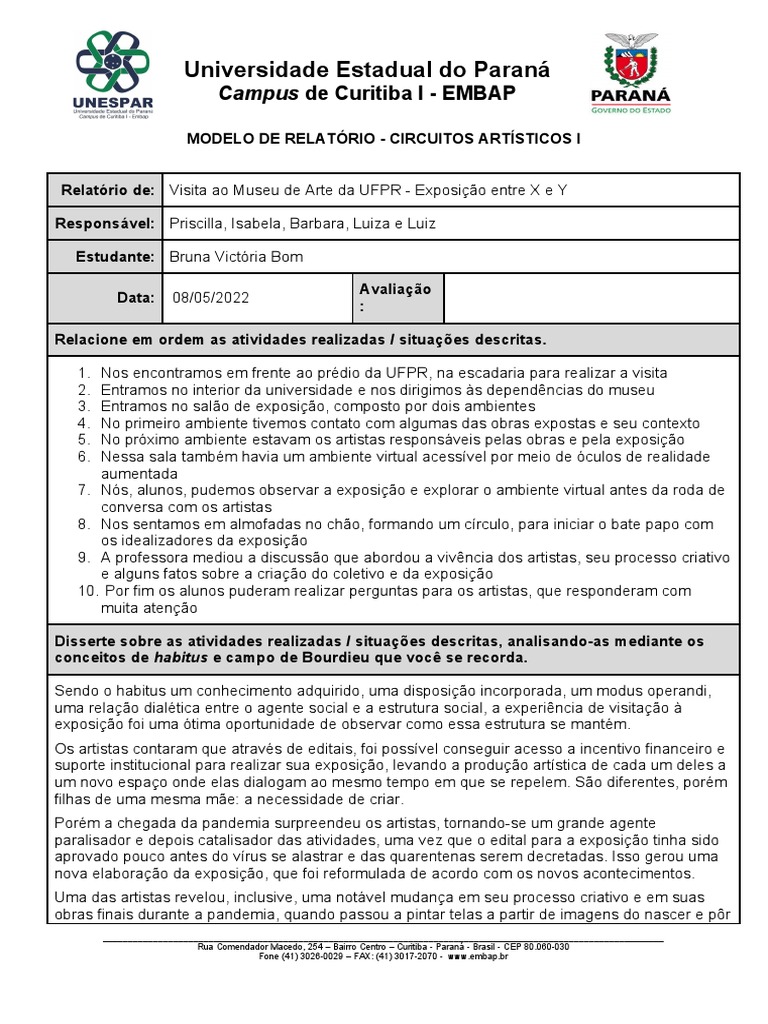 Relatório: Visita ao Museu UFPR | PDF | Museu