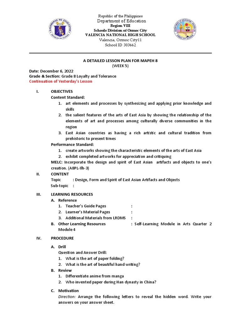 Lesson Plan in Grade 8 Arts Q2 | PDF | Learning