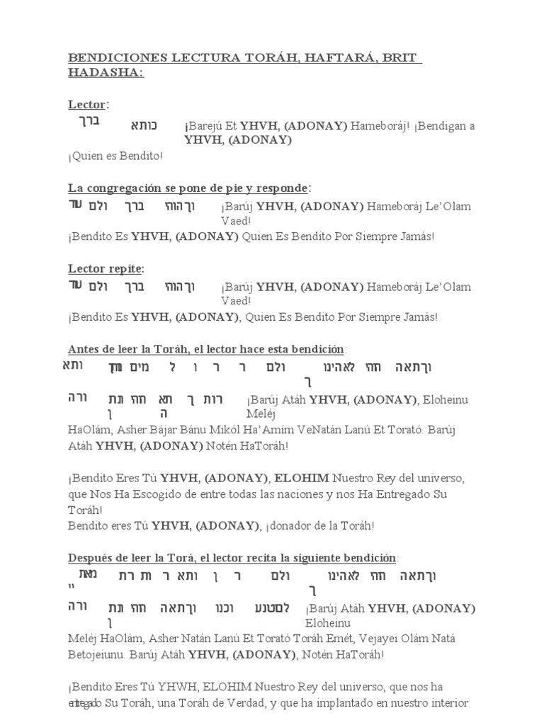 Bendiciones de La Torah y La Haftara. | PDF | Tetragrammaton | Creencia ...