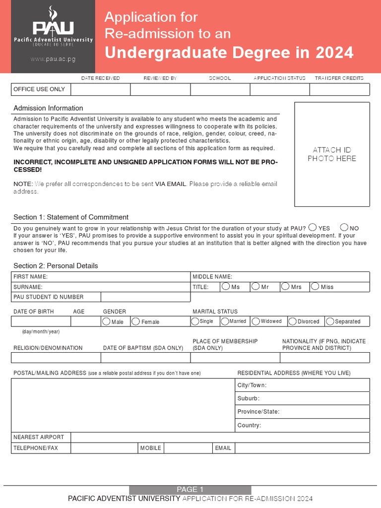PAU 2024 Undergraduate Re-Admission Form | PDF | Science | Fax