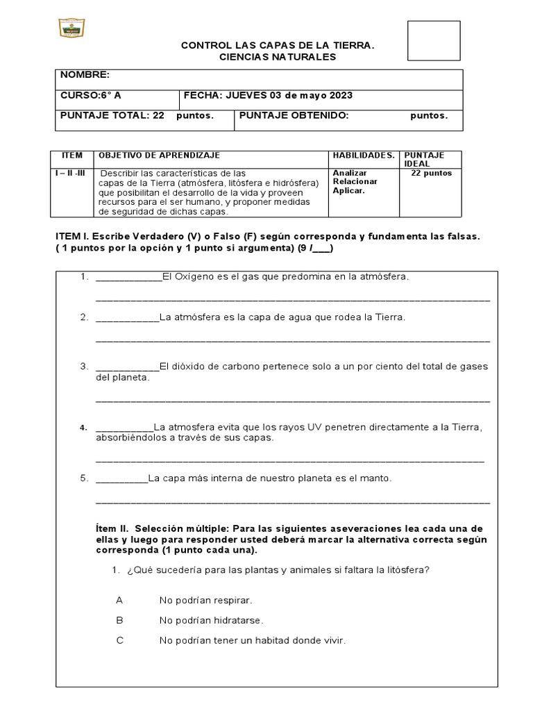 PRUEBA DE C.N Capas de La Tierra Remedial. | PDF | Tierra | Atmósfera