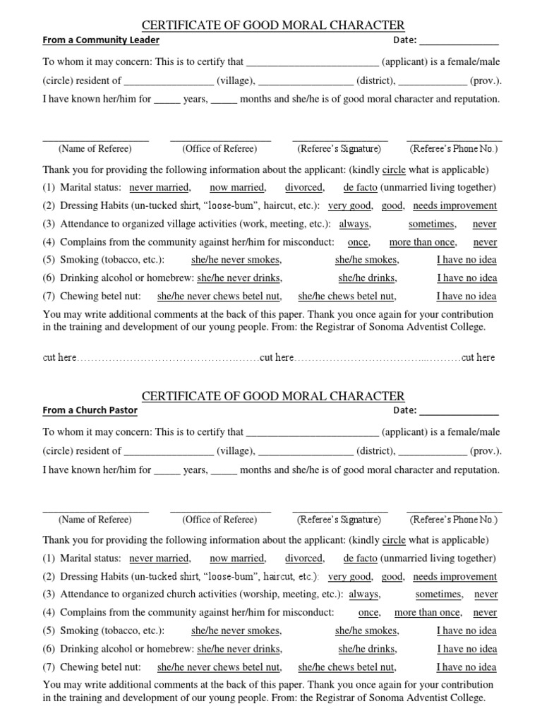 SAC Character Reference Form Applicant | PDF