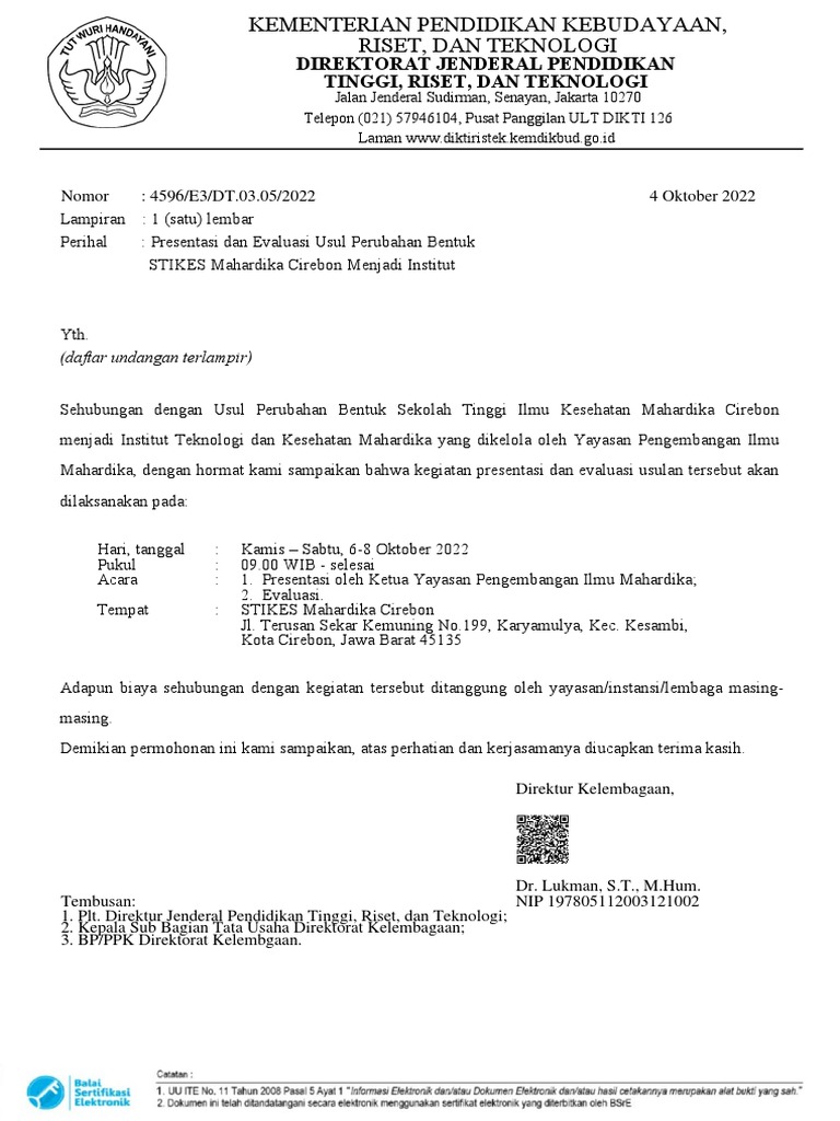 Direktorat Jenderal Pendidikan Tinggi, Riset, Dan Teknologi: (Daftar Undangan Terlampir) | PDF