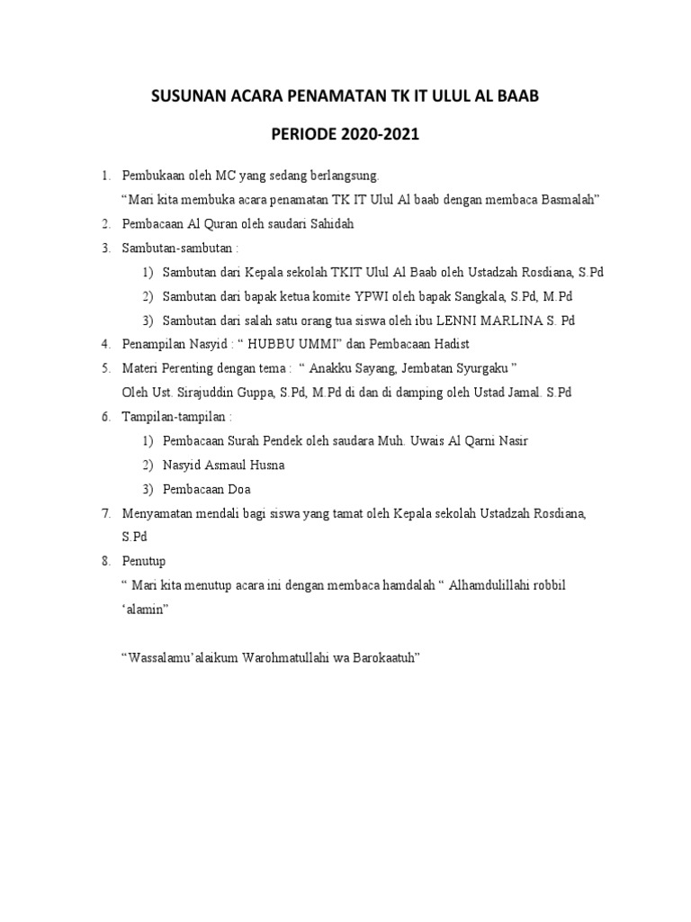 Susunan Acara Penamatan TK It Ulul Al Baab | PDF
