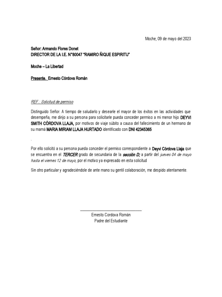 Solicitud de Permiso Escolar Por Viaje | PDF Solicitud de Permiso Escolar Por Viaje | PDF