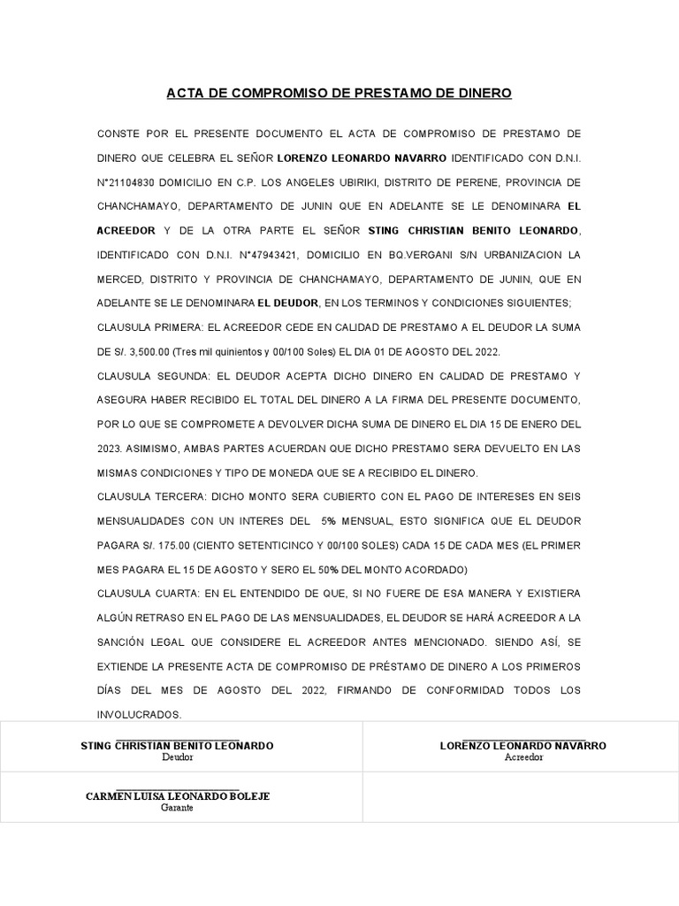 Acta de Compromiso de Prestamo de Dinero | PDF