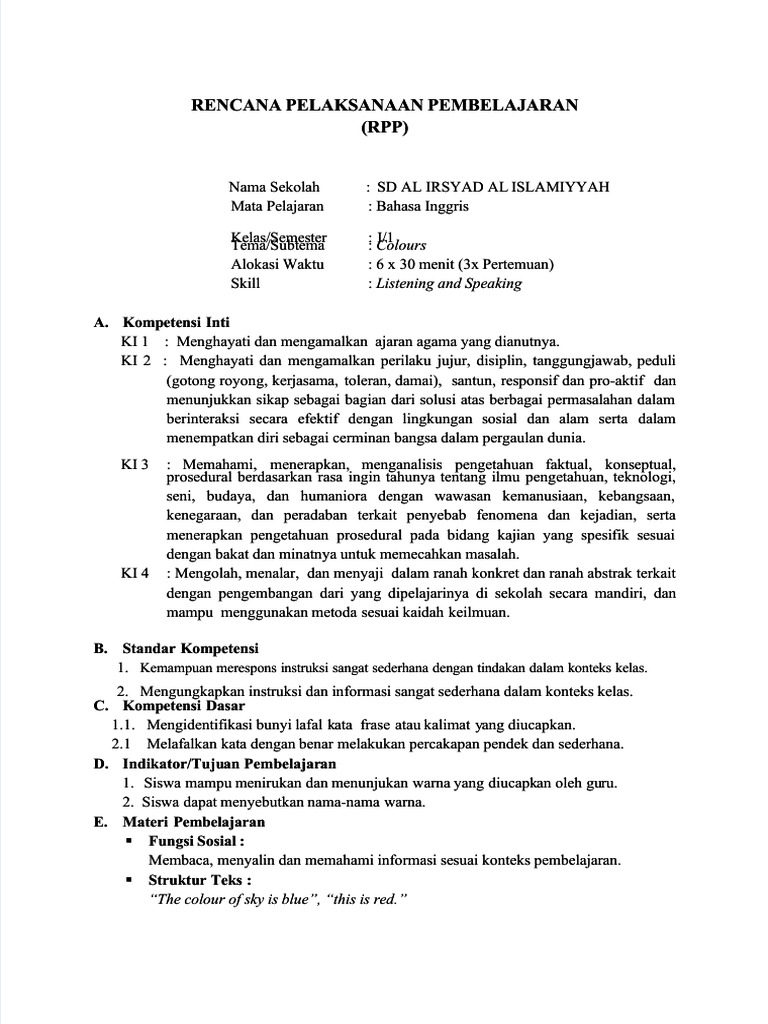 PDF RPP Bahasa Inggris Kelas 1 SD Tema Colours - Compress | PDF