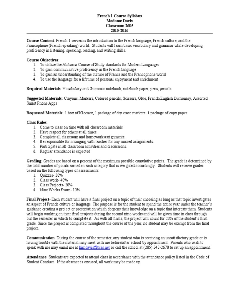 French 1 Course Syllabus Overview | PDF | French Language | Classroom