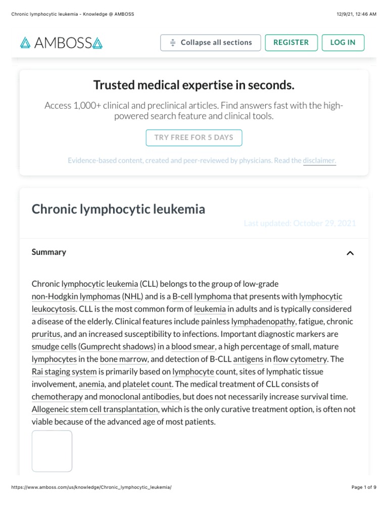 Chronic Lymphocytic Leukemia - AMBOSS | PDF | Leukemia | Lymphoma