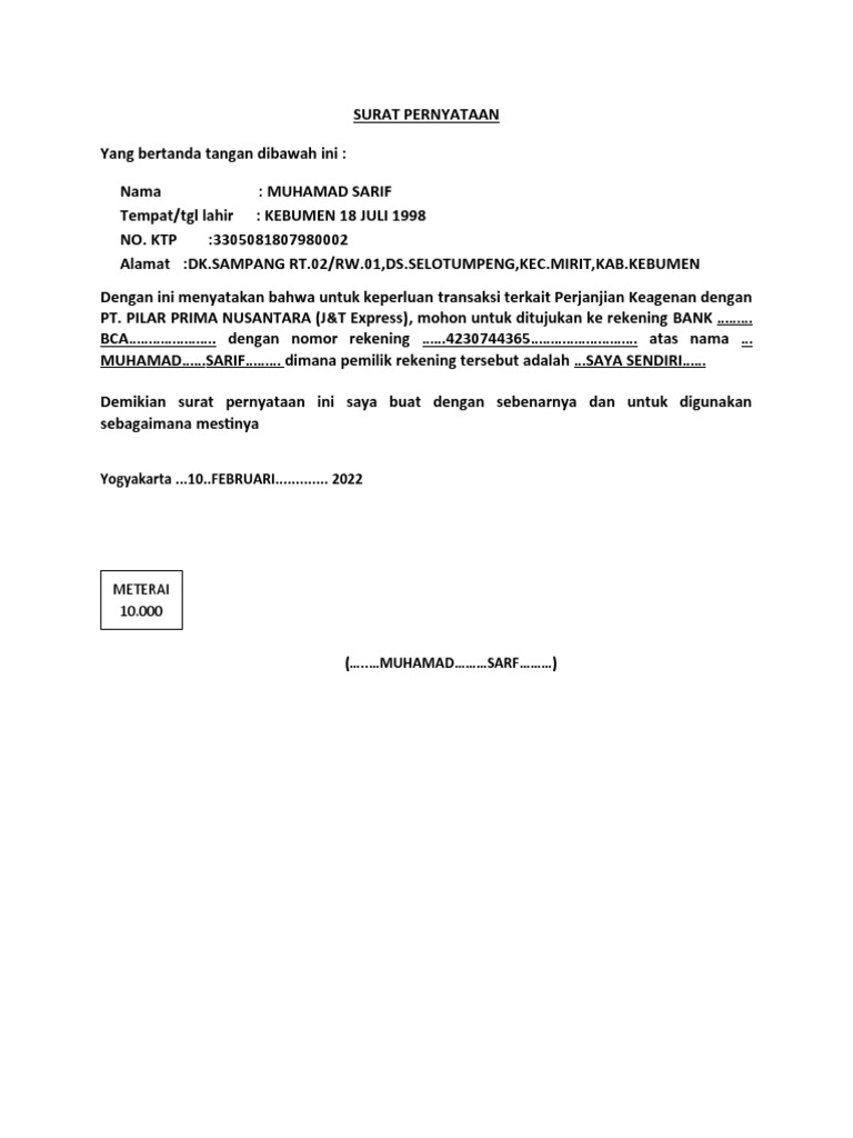 Surat Pernyataan Rekening | PDF