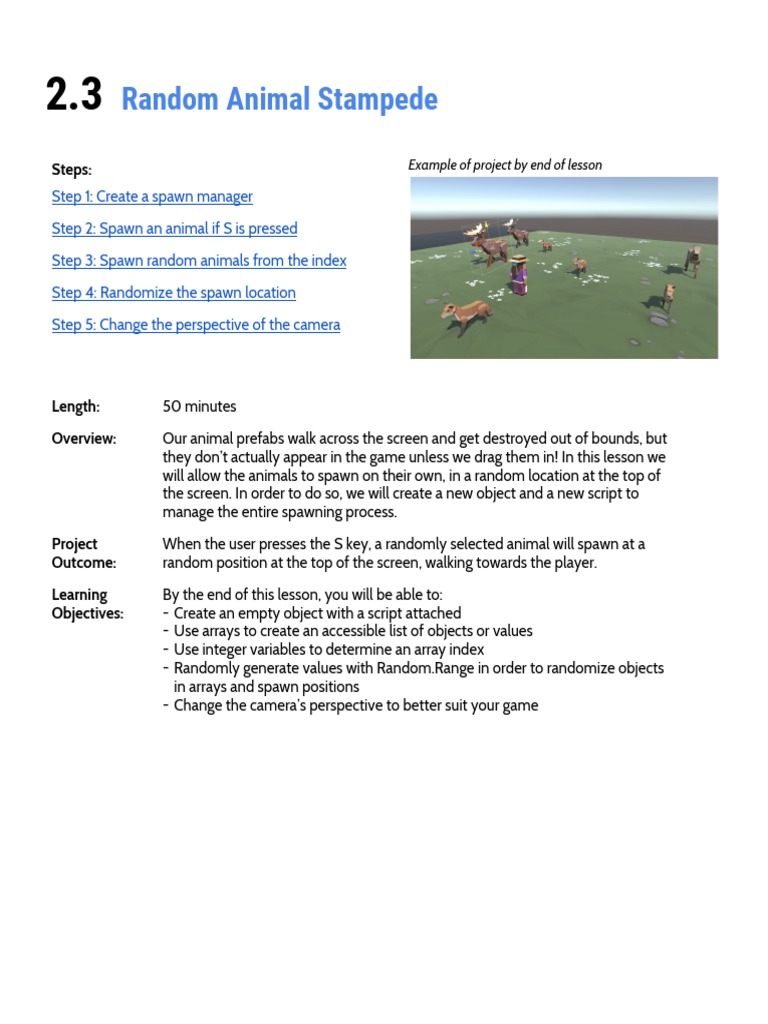 Lesson Plan 2.3 Random Animal Stampede | PDF | Variable (Computer Science) | Randomness