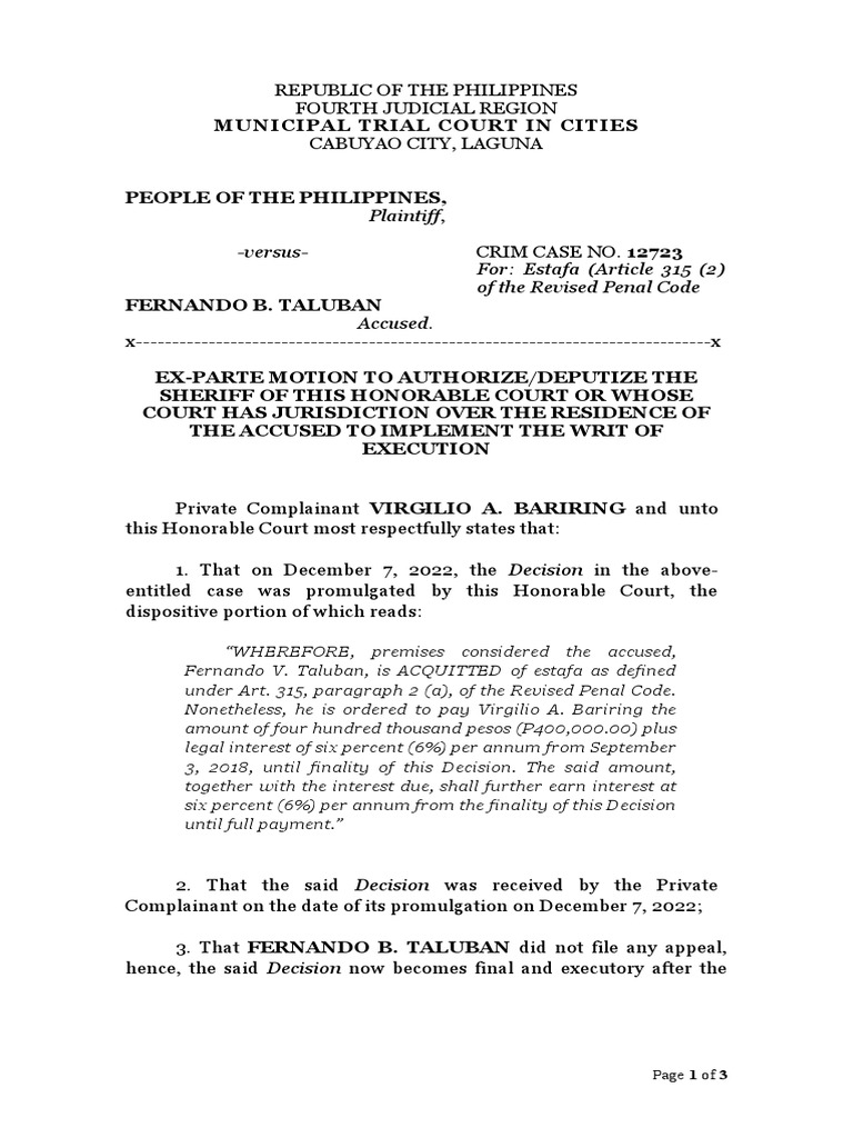 Motion to Deputize Sheriff | PDF | Writ | Government Institutions