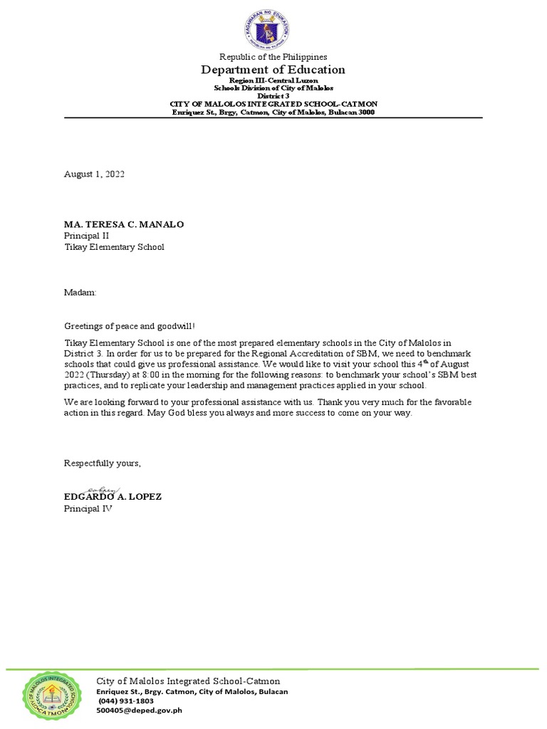 Benchmarking Request to Malolos Schools | PDF